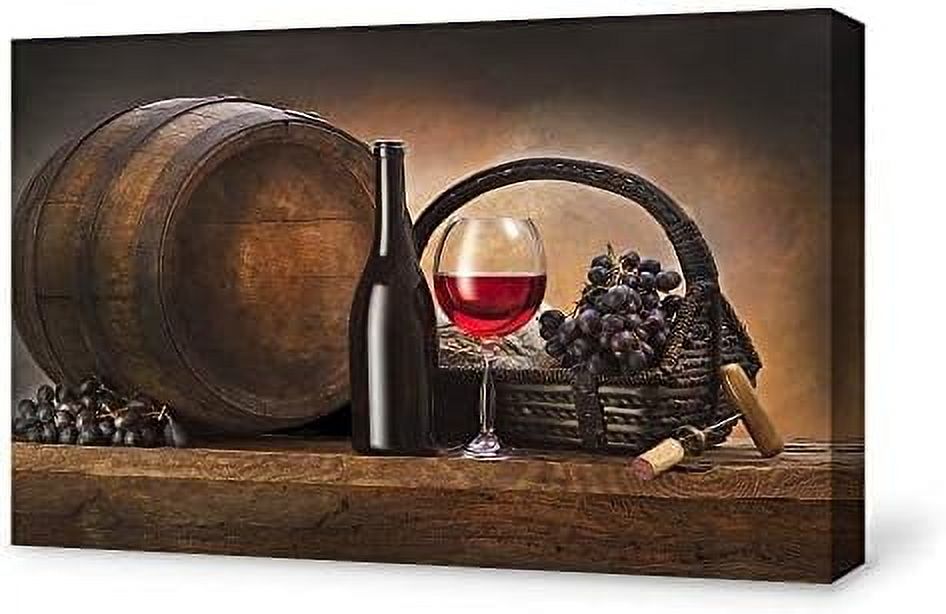 AEFER Canvas Print Wall Art Red Wine with Bottle, Barrel and Grapes ...