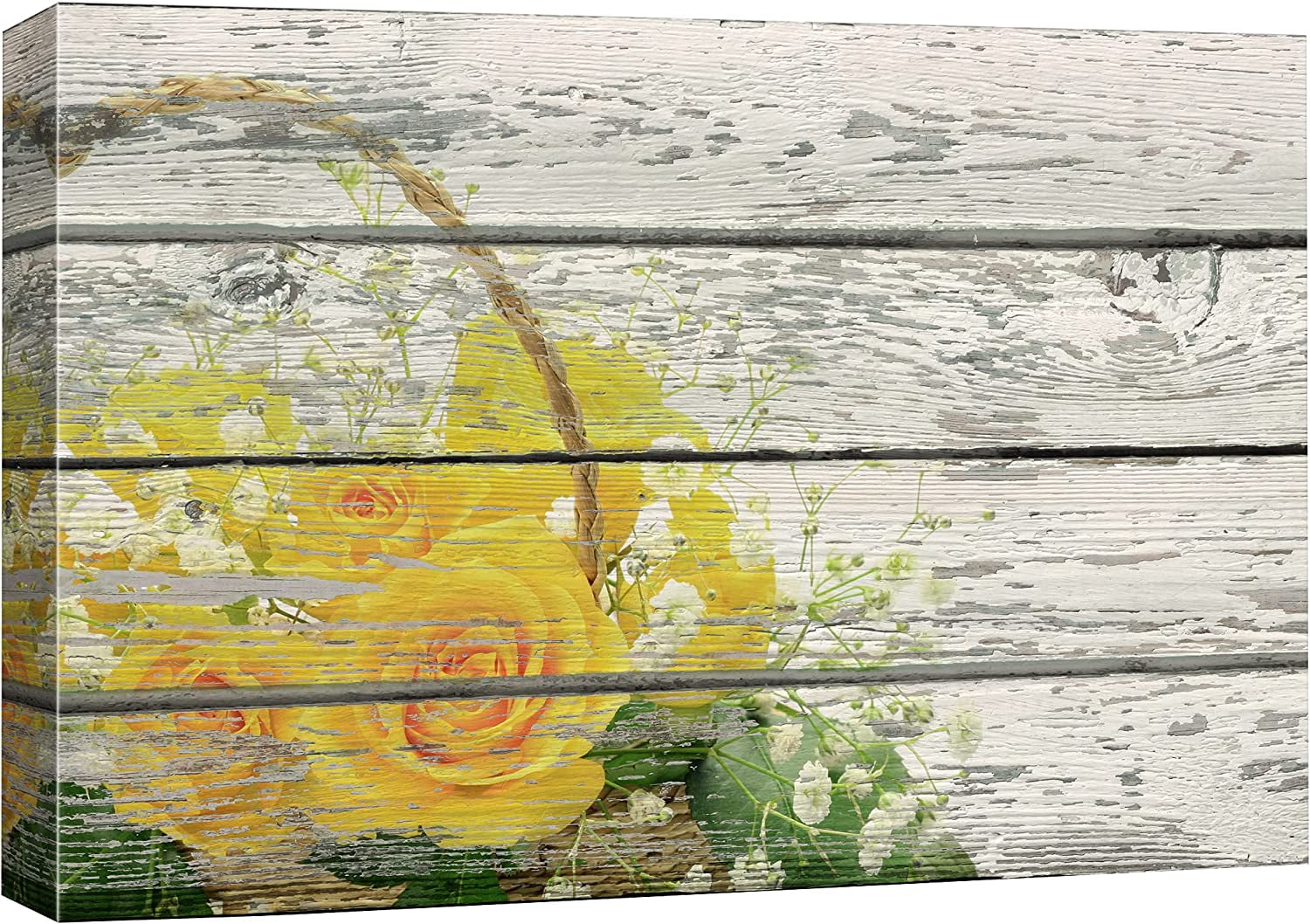AEFER Canvas Print Wall Art Retro Yellow Roses on Wood Panels Floral ...