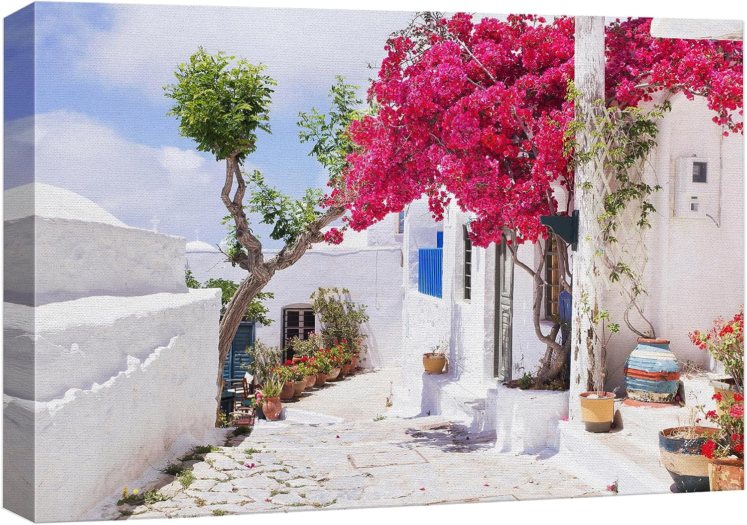 AEFER Canvas Print Wall Art Santorini Greece Pink Flowers Nature ...