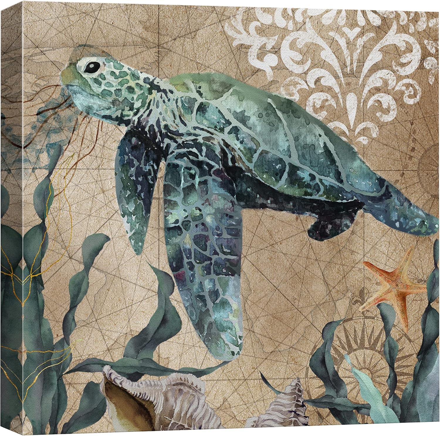 AEFER Canvas Print Wall Art Seahorse with Anchor Insignia Shells Marine ...