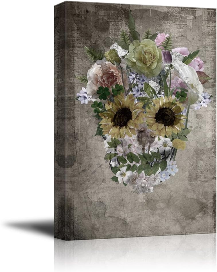 AEFER Canvas Print Wall Art - Skull with Flowers - Gallery Wrap Modern ...
