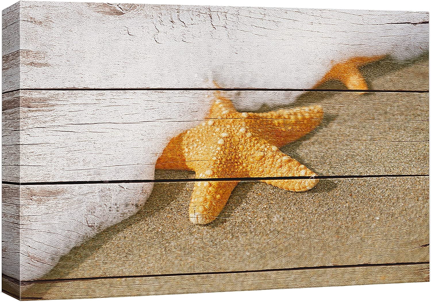 AEFER Canvas Print Wall Art Starfish & Ocean Waves on Wood Panels ...