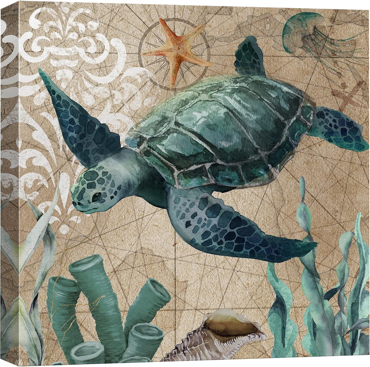 AEFER Canvas Print Wall Art Teal Turtle in Sea with Compass & Kelp ...