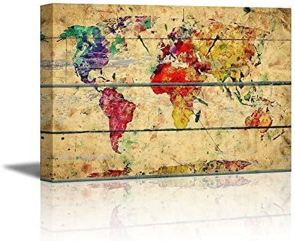 AEFER Canvas Print Wall Art Vibrant Rainbow World Map Wood Panels ...