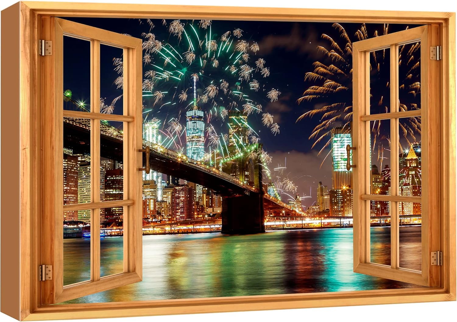 AEFER Canvas Print Wall Art Window View Brooklyn Bridge 4th of July ...