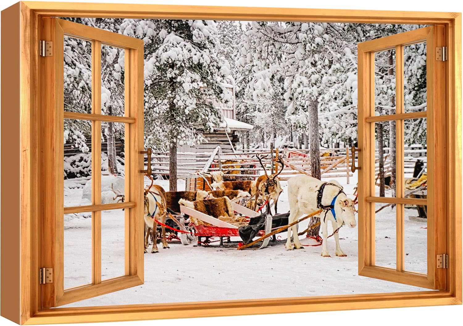 AEFER Canvas Print Wall Art Window View Christmas Reindeer Santa Sleigh ...