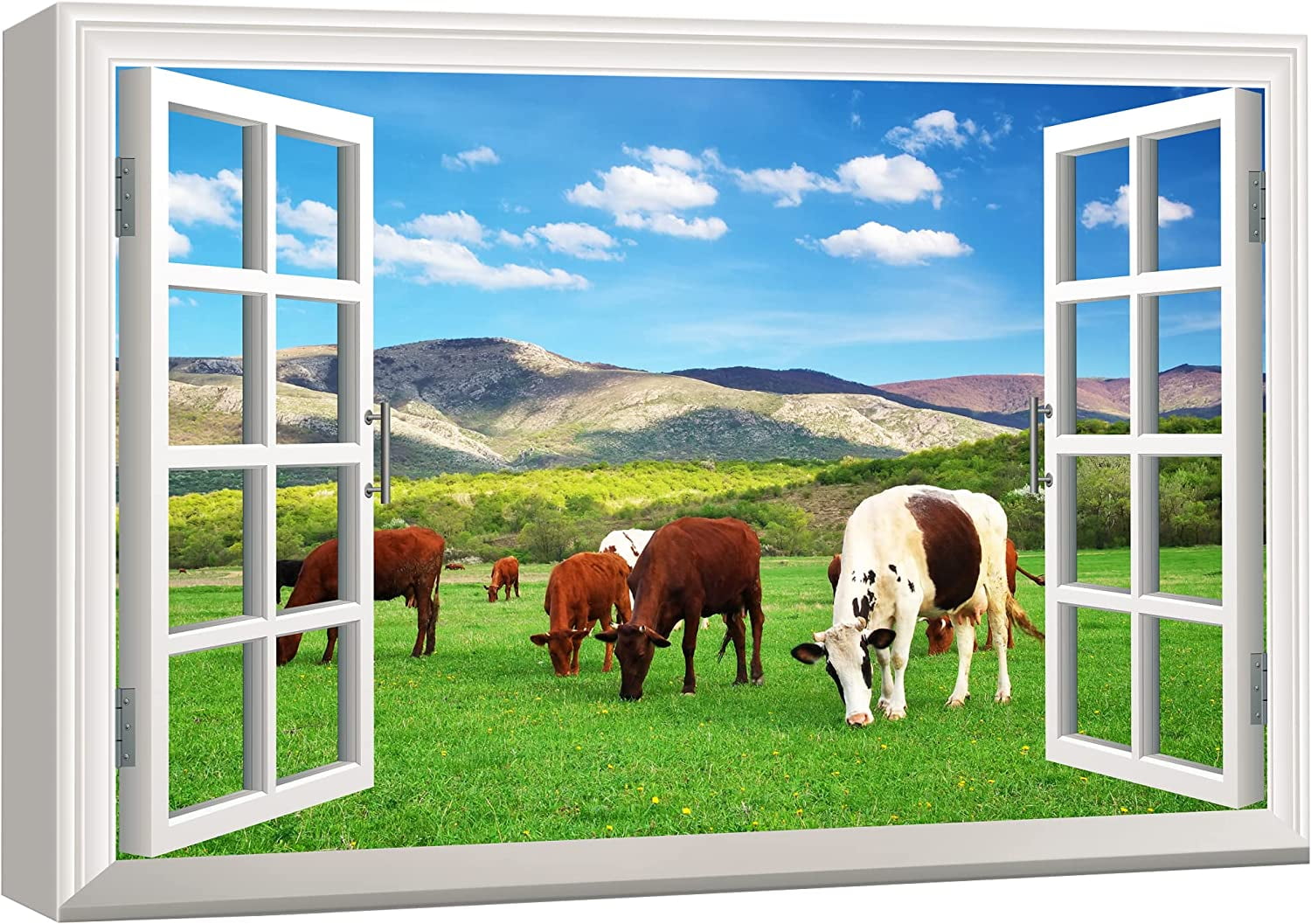AEFER Canvas Print Wall Art Window View of Cows Grazing in Mountain ...