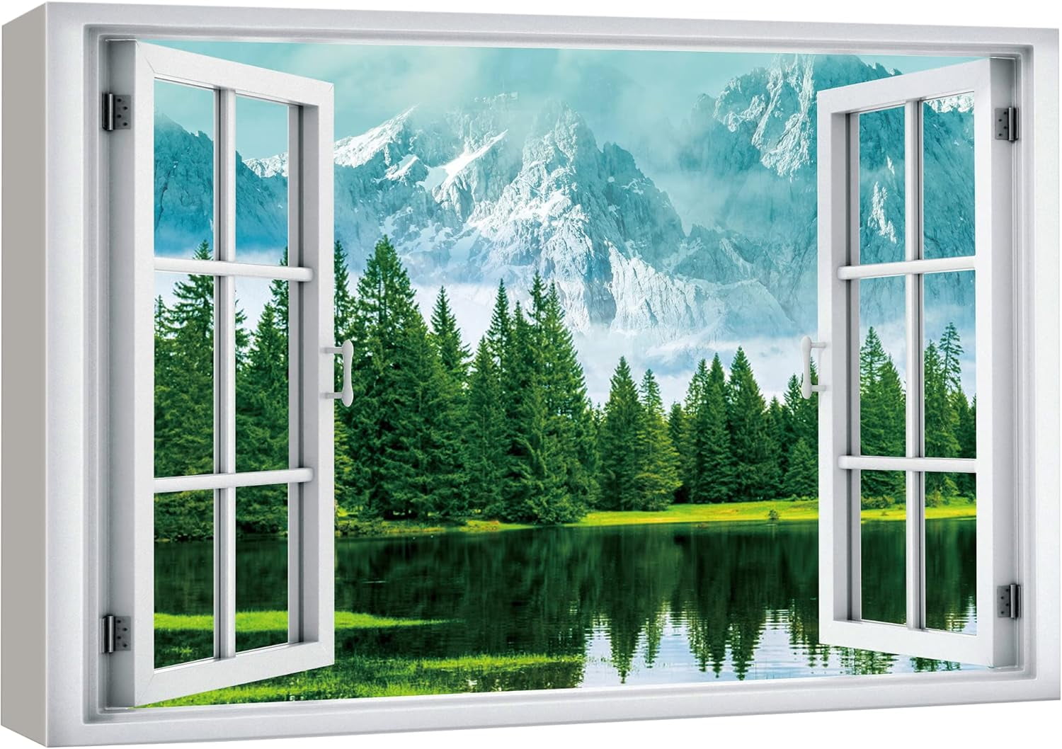 AEFER Canvas Print Wall Art Window View Green Forest Lake Snowy ...