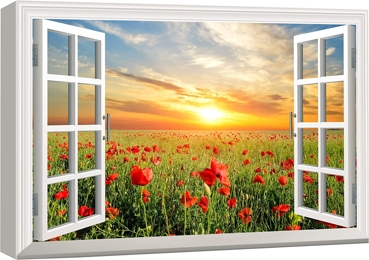 AEFER Canvas Print Wall Art Window View Landscape Sunset Red Poppy ...