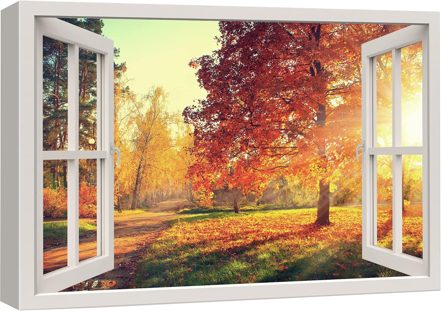 AEFER Canvas Print Wall Art Window View Orange Autumn Fall Forest Tree ...