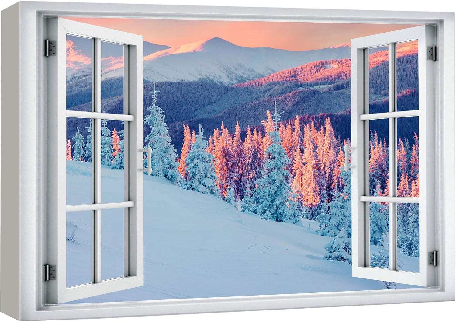 AEFER Canvas Print Wall Art Window View Pastel Pink Blue Winter Pine ...