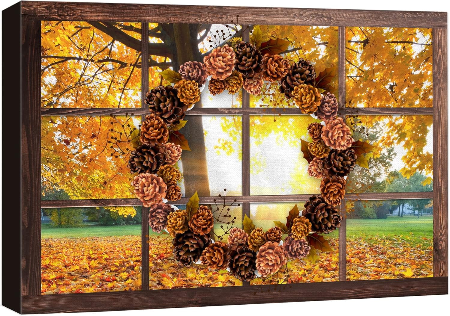 AEFER Canvas Print Wall Art Window View Pinecone Wreath Fall ...