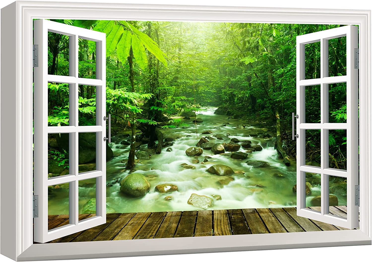 AEFER Canvas Print Wall Art Window View of Serene Jungle River Nature ...