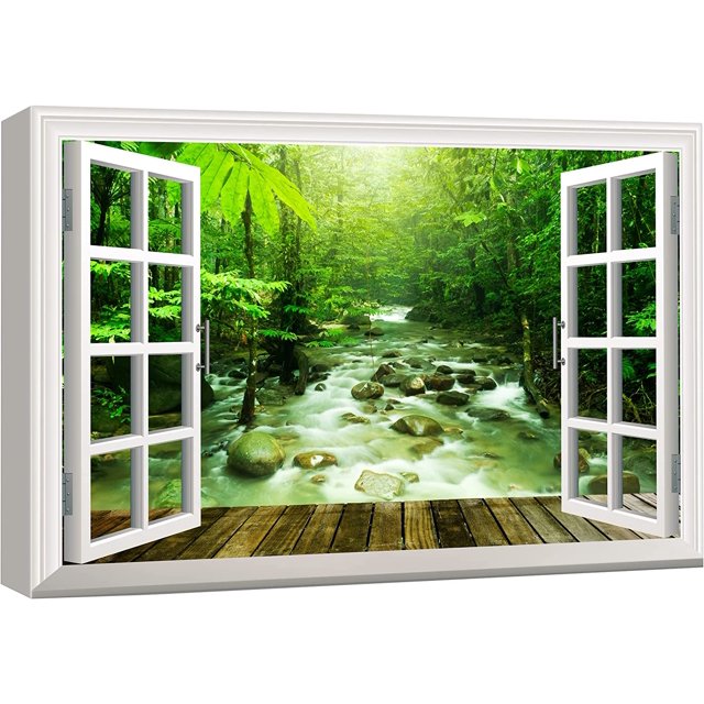 AEFER Canvas Print Wall Art Window View of Serene Jungle River Nature ...
