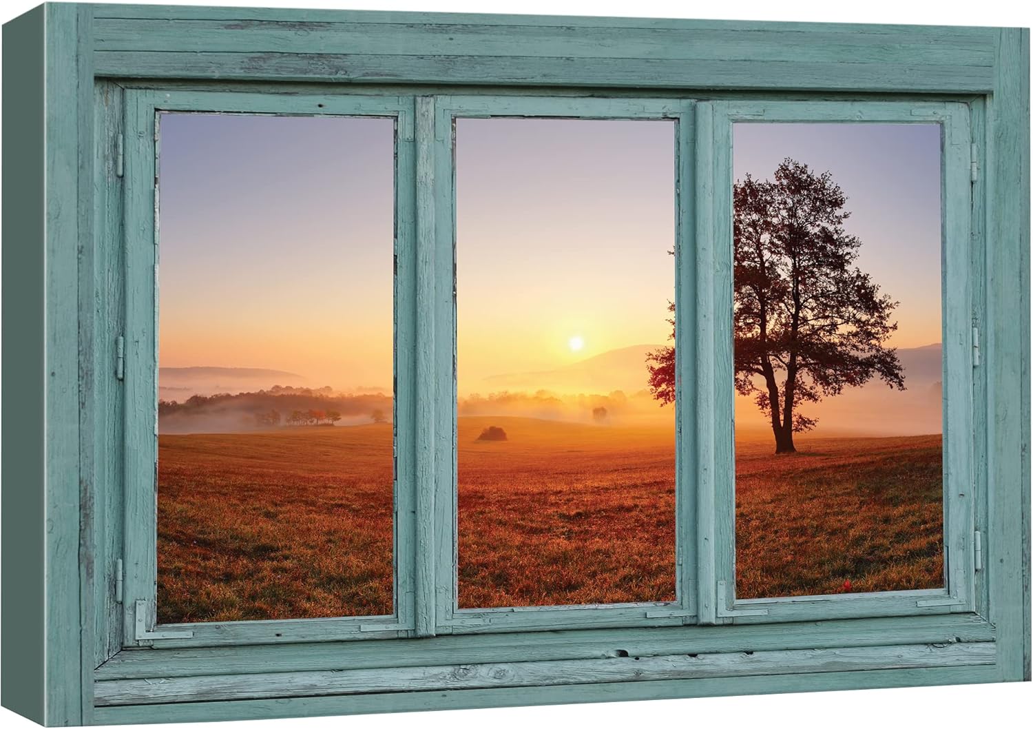 AEFER Canvas Print Wall Art Window View of Sunrise Over Misty Field ...
