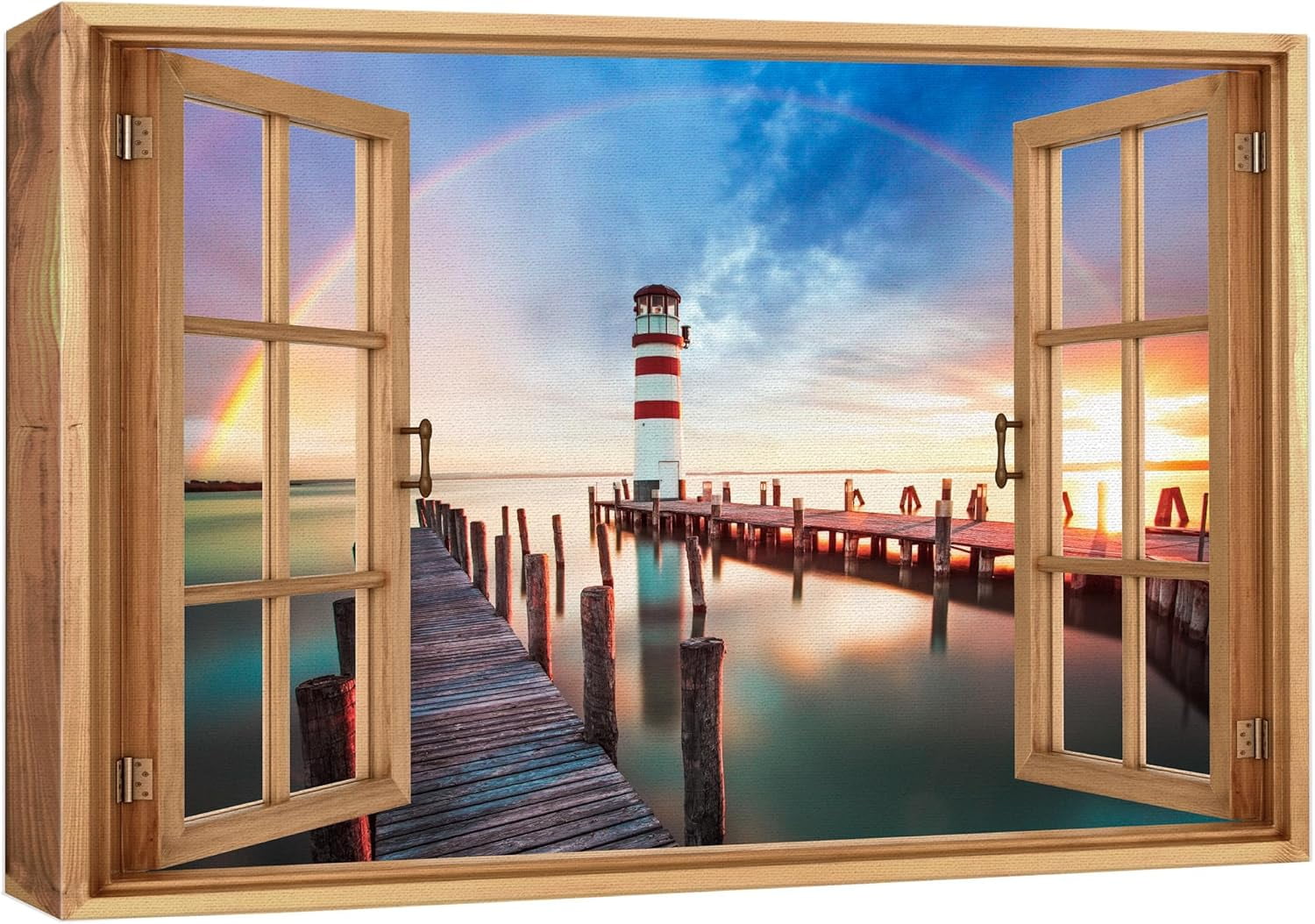 AEFER Canvas Print Wall Art Window View Sunset Lighthouse Pier Nautical ...