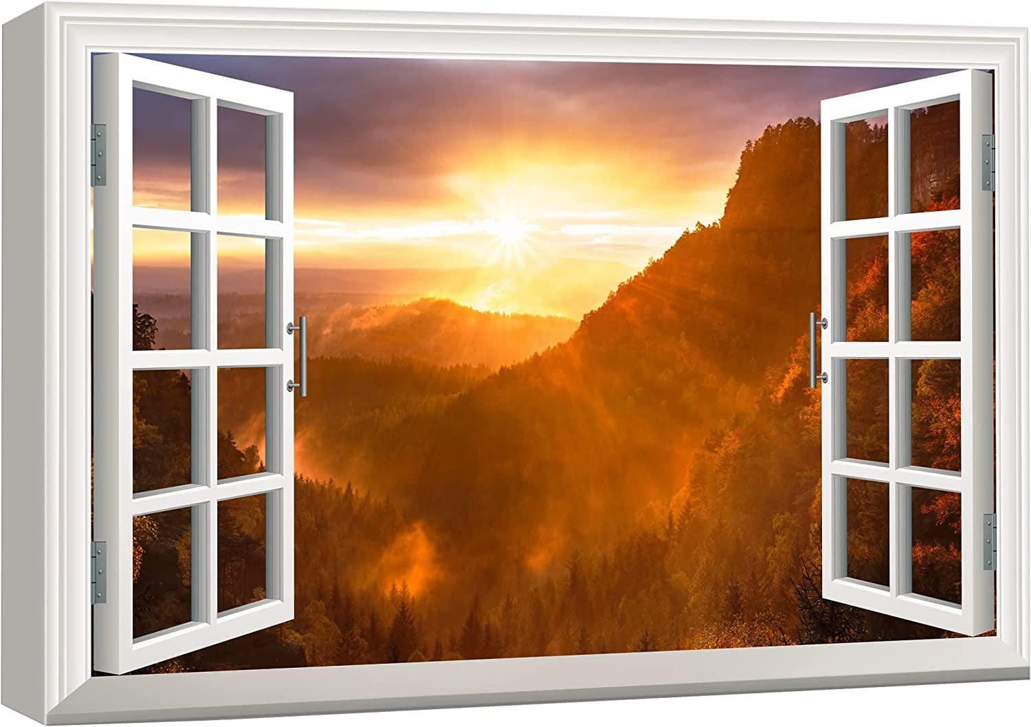 AEFER Canvas Print Wall Art Window View of Sunset Over Misty Valley ...