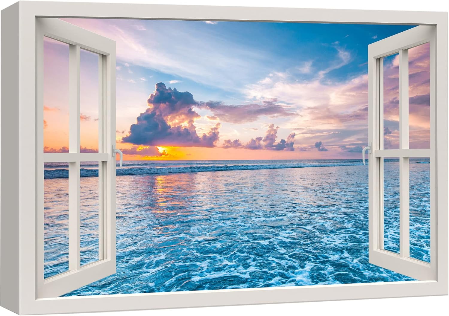 AEFER Canvas Print Wall Art Window View Sunset Sky Blue Ocean Tropical ...
