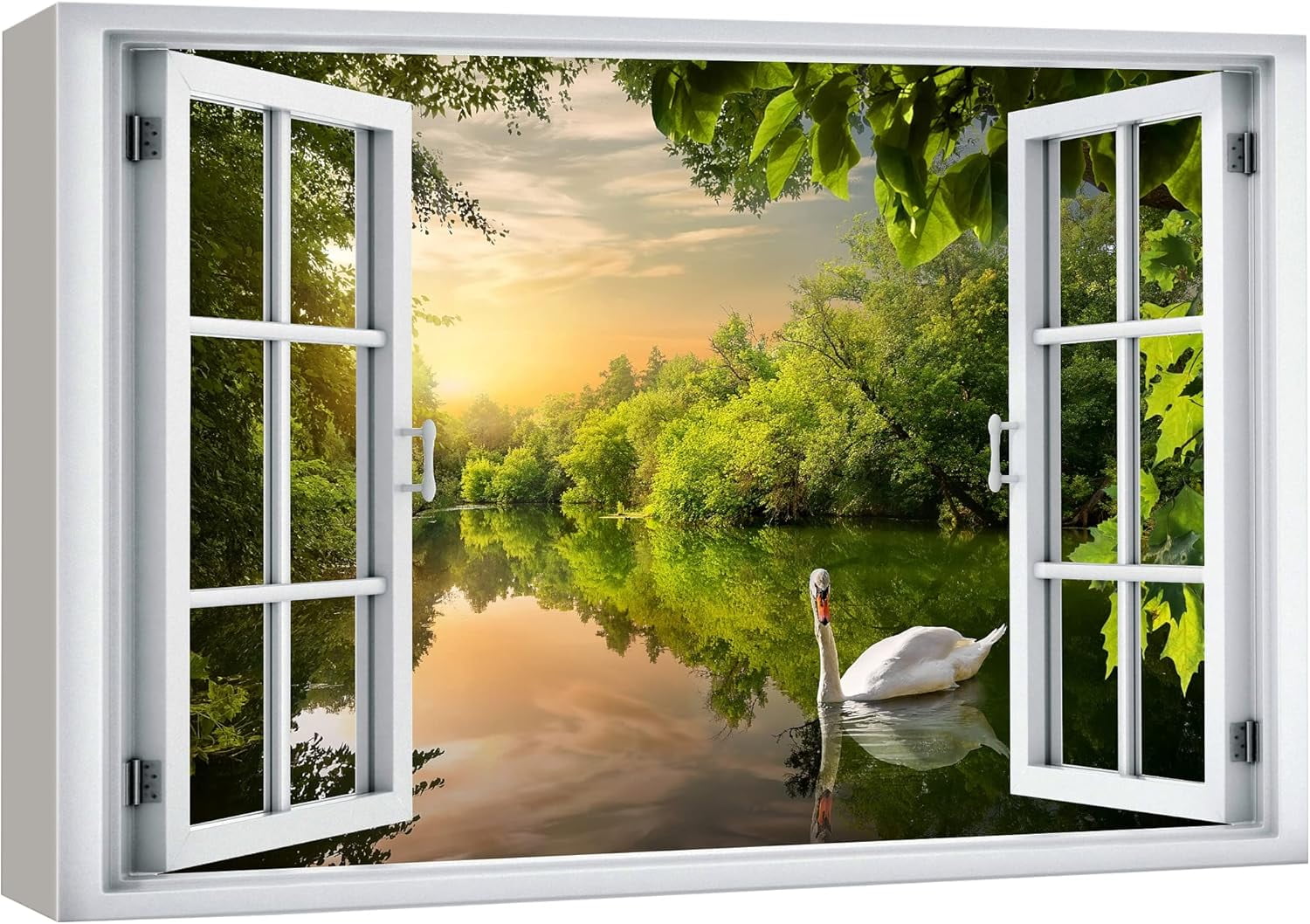 AEFER Canvas Print Wall Art Window View Swan Forest Lake Sunset Sky Zen ...