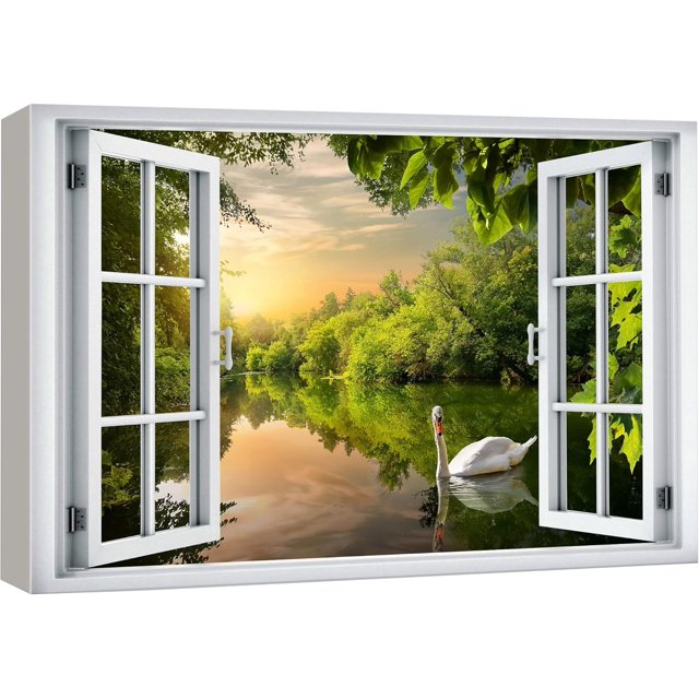 AEFER Canvas Print Wall Art Window View Swan Forest Lake Sunset Sky Zen ...