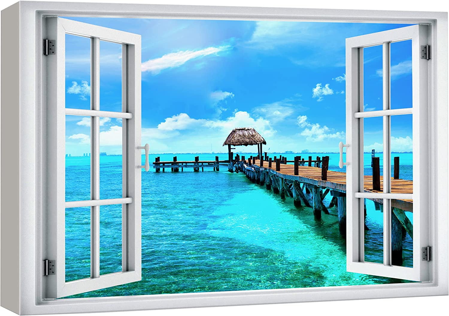 AEFER Canvas Print Wall Art Window View Tropical Island Beach Pier ...