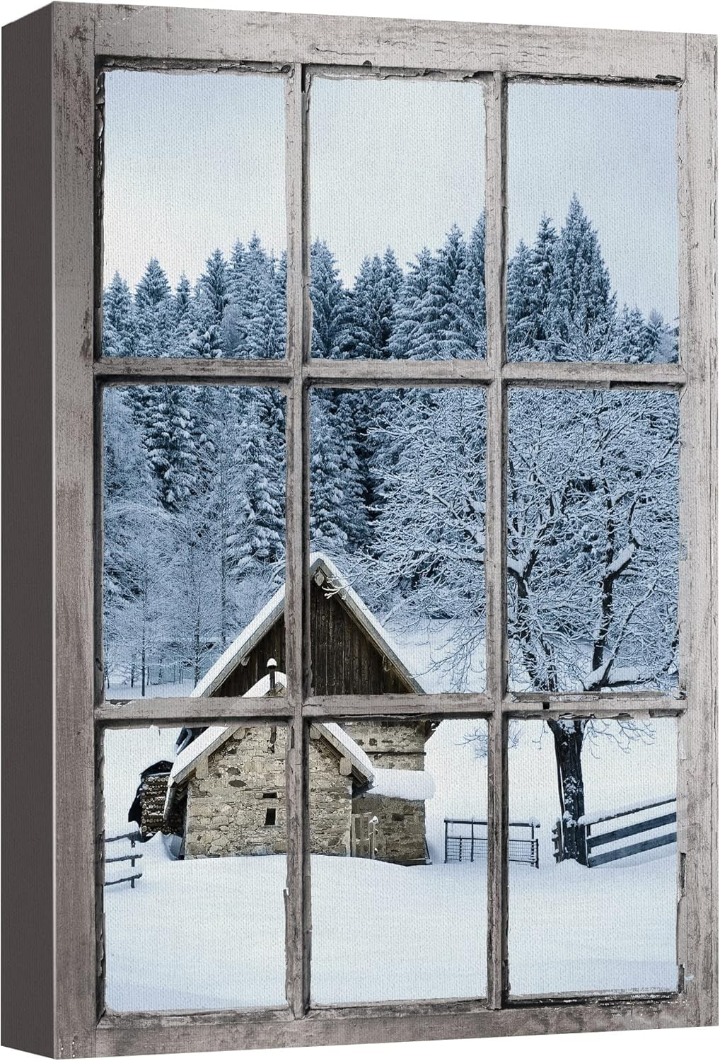 AEFER Canvas Print Wall Art Window View Winter Snow Forest Farm Village ...