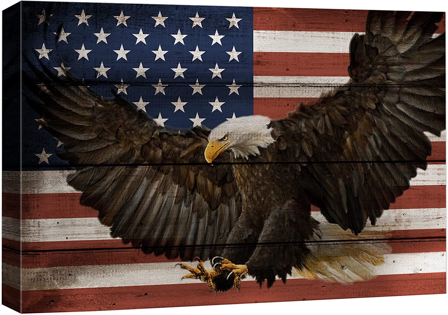AEFER Canvas Print Wall Art Wood Panel Effect Flying Bald Eagle ...