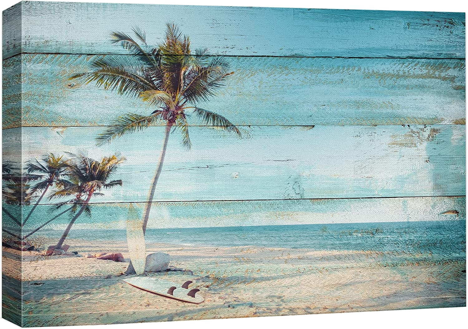 AEFER Canvas Print Wall Art Wood Panel Tropical Palm Tree Ocean Nature ...
