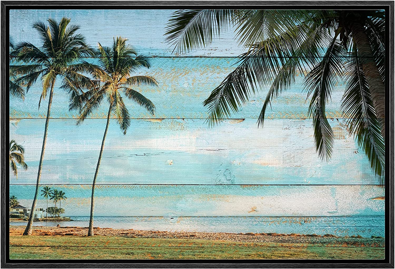 AEFER Canvas Print Wall Art Wood Panel Tropical Palm Tree Sky Nature ...