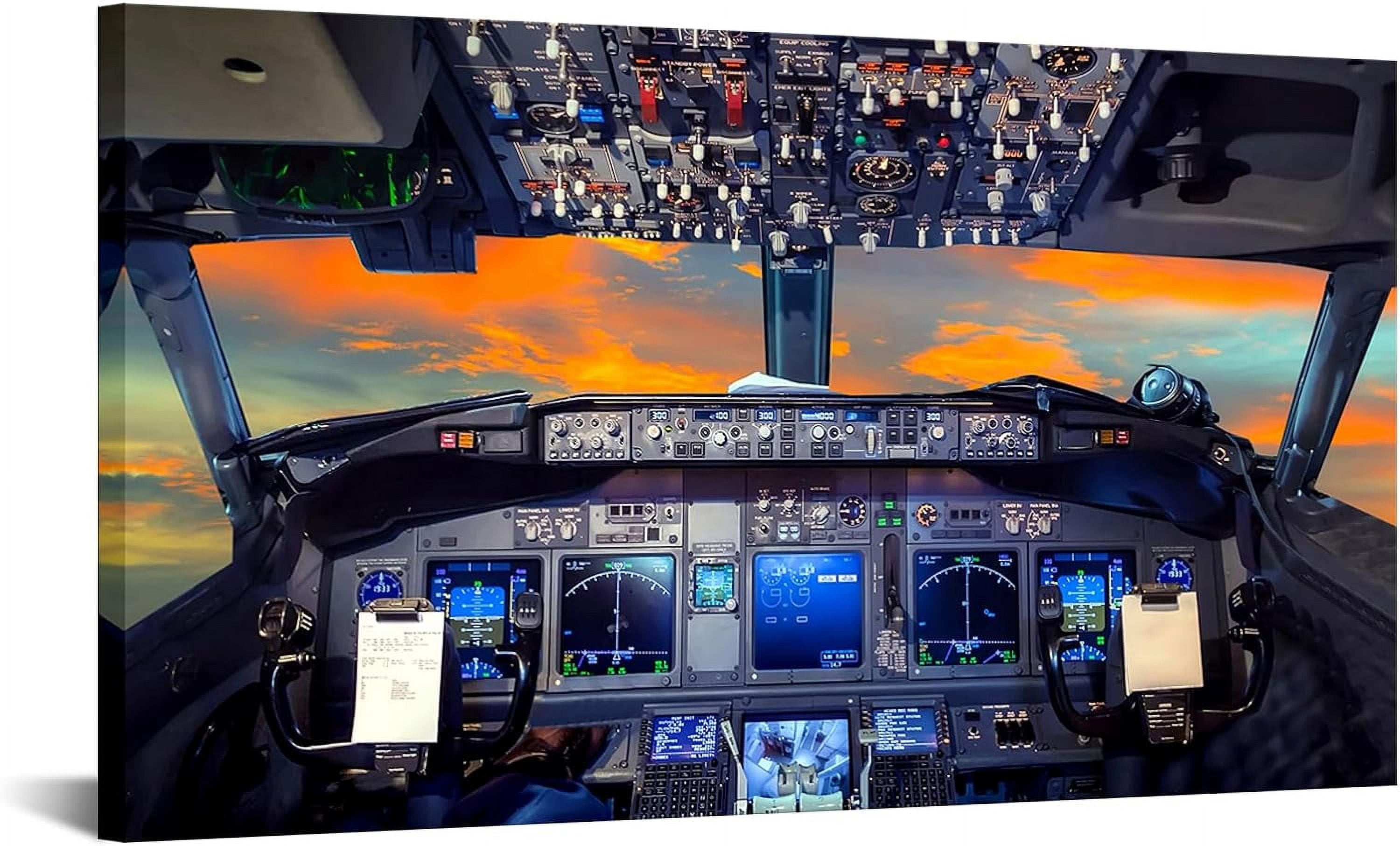 AEFER Canvas Prints Wall Art Airplane Cockpit Flight Deck in Sunset ...