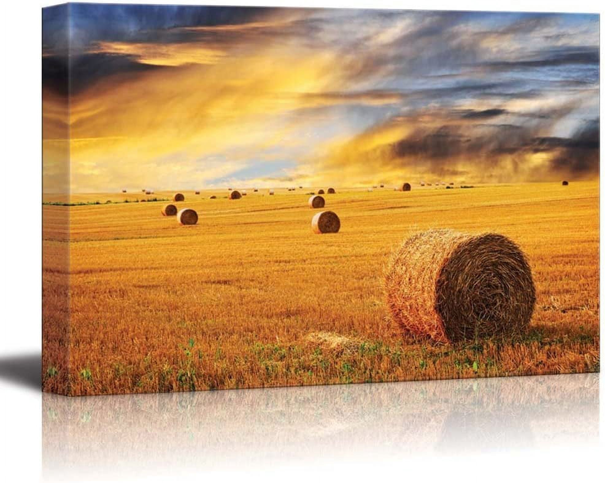 AEFER Canvas Prints Wall Art - Golden Sunset Over Farm Field with Hay ...