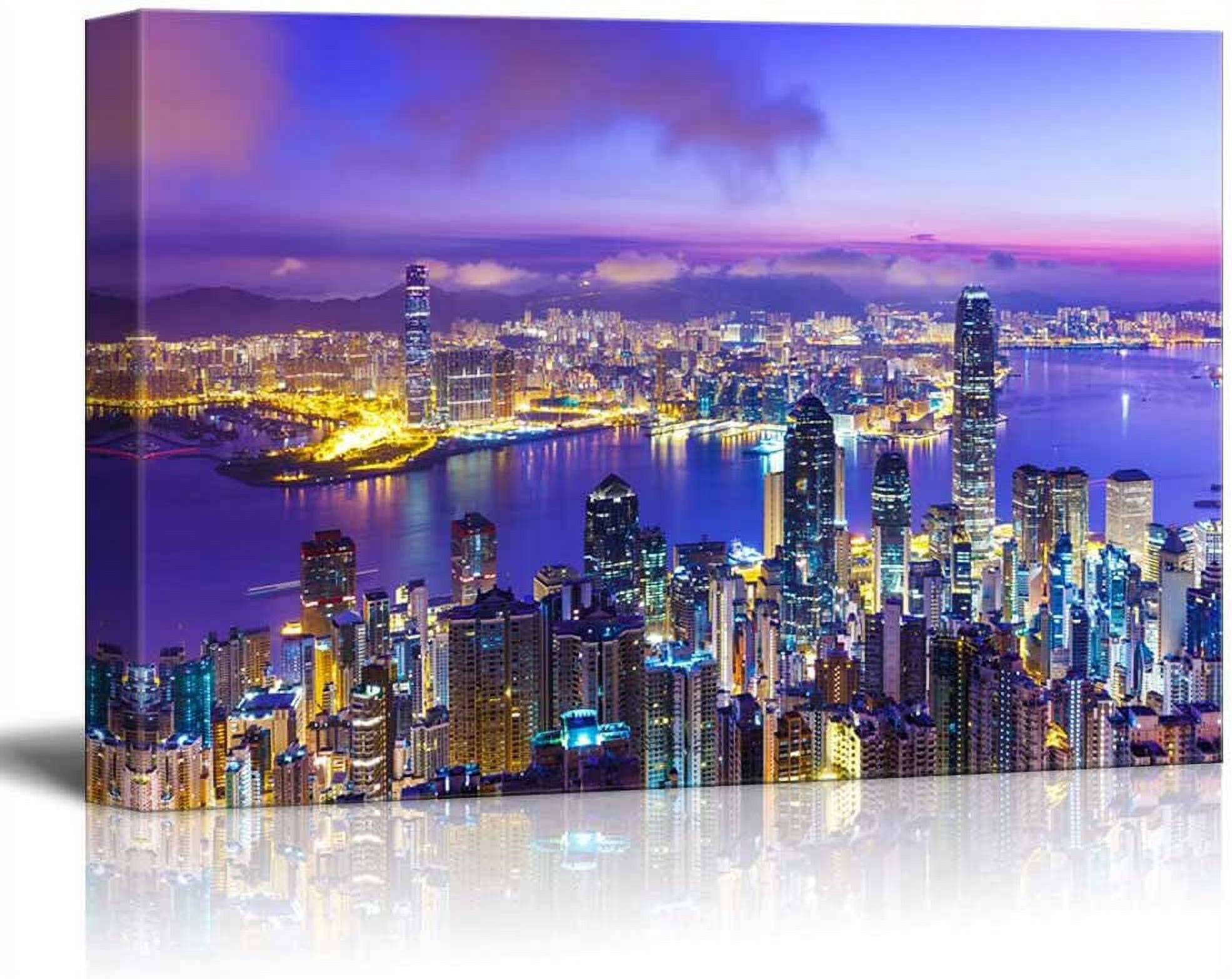 AEFER Canvas Prints Wall Art - Hong Kong Skyline at Dawn Unframe ...