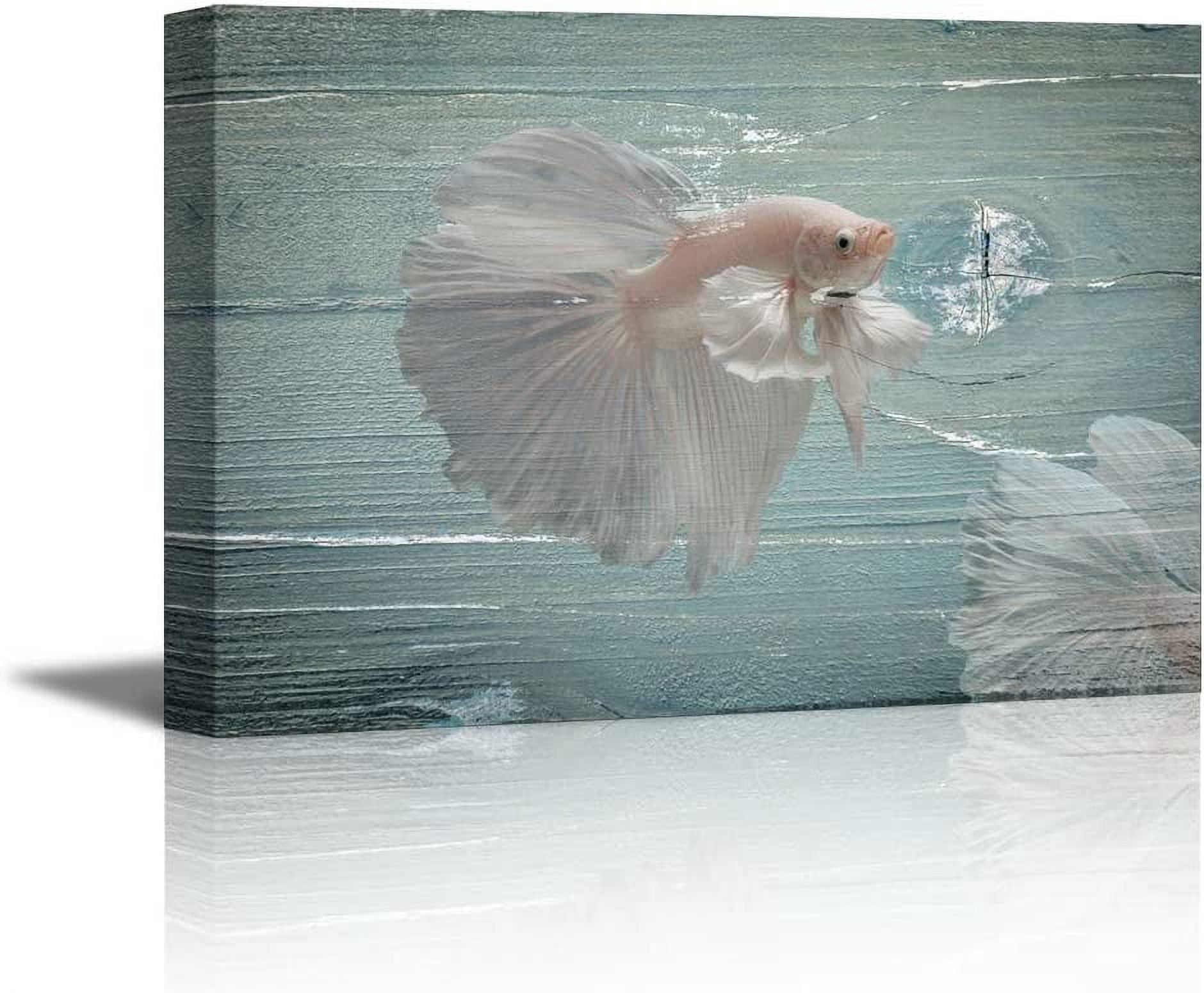 AEFER Canvas Prints Wall Art - White Golden Fish on Vintage Wood ...