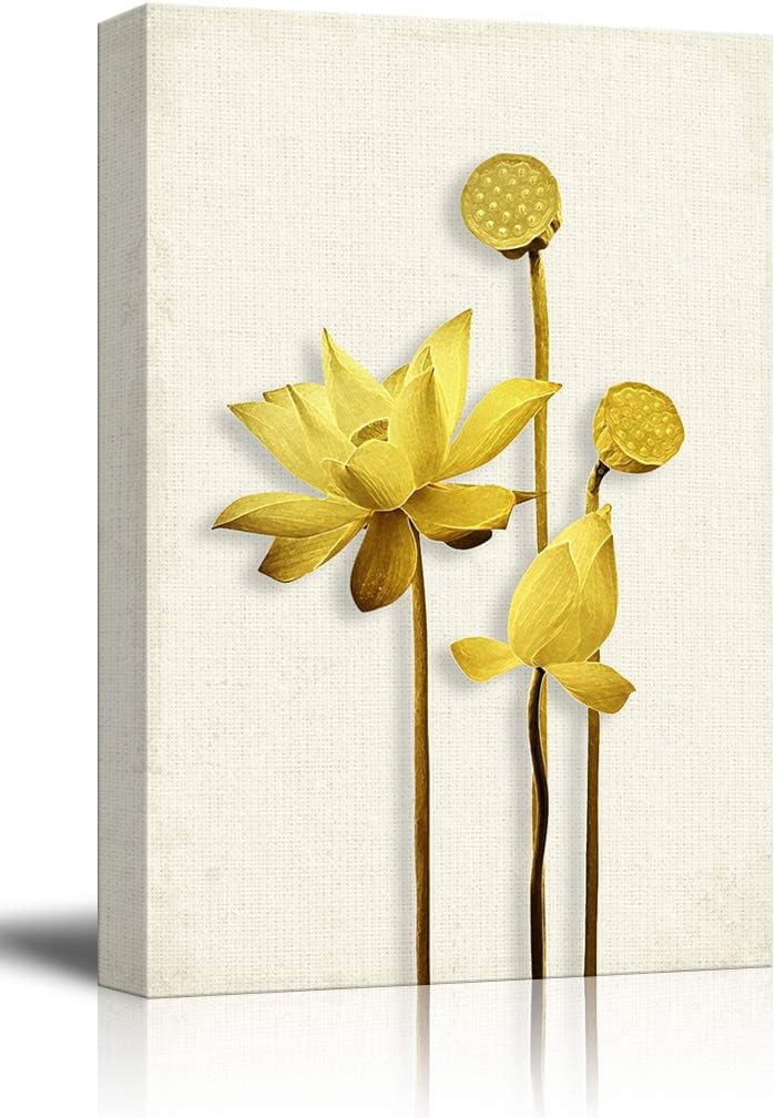 AEFER Canvas Wall Art - 3D Effect Gold Lotus Pods and Flowers - Modern ...
