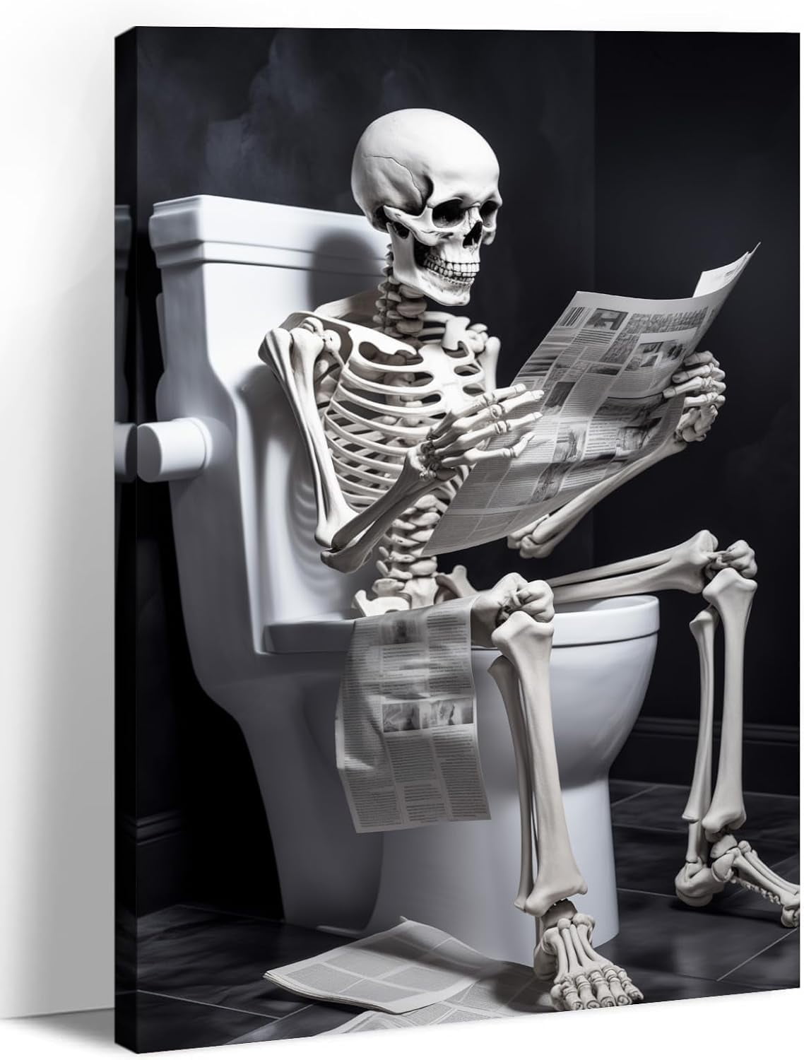 AEFER Canvas Wall Art Bathroom Decor Skeleton Sitting on Toilet Reading ...