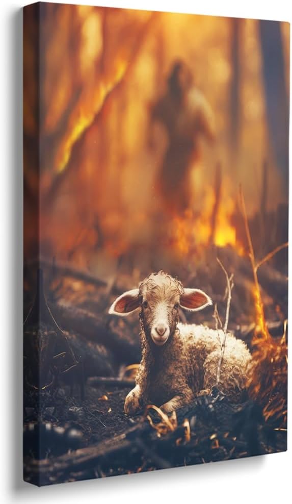 AEFER Canvas Wall Art Decor Jesus Save The Lamb from Fire Pictures ...