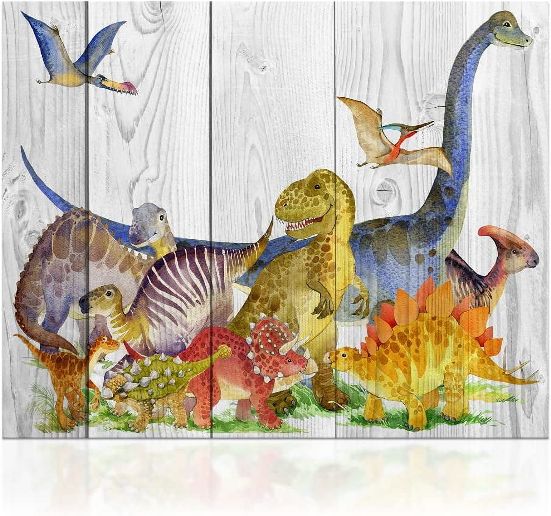AEFER Canvas Wall Art Decor Retro Dinosaur with Wood Background Dual ...