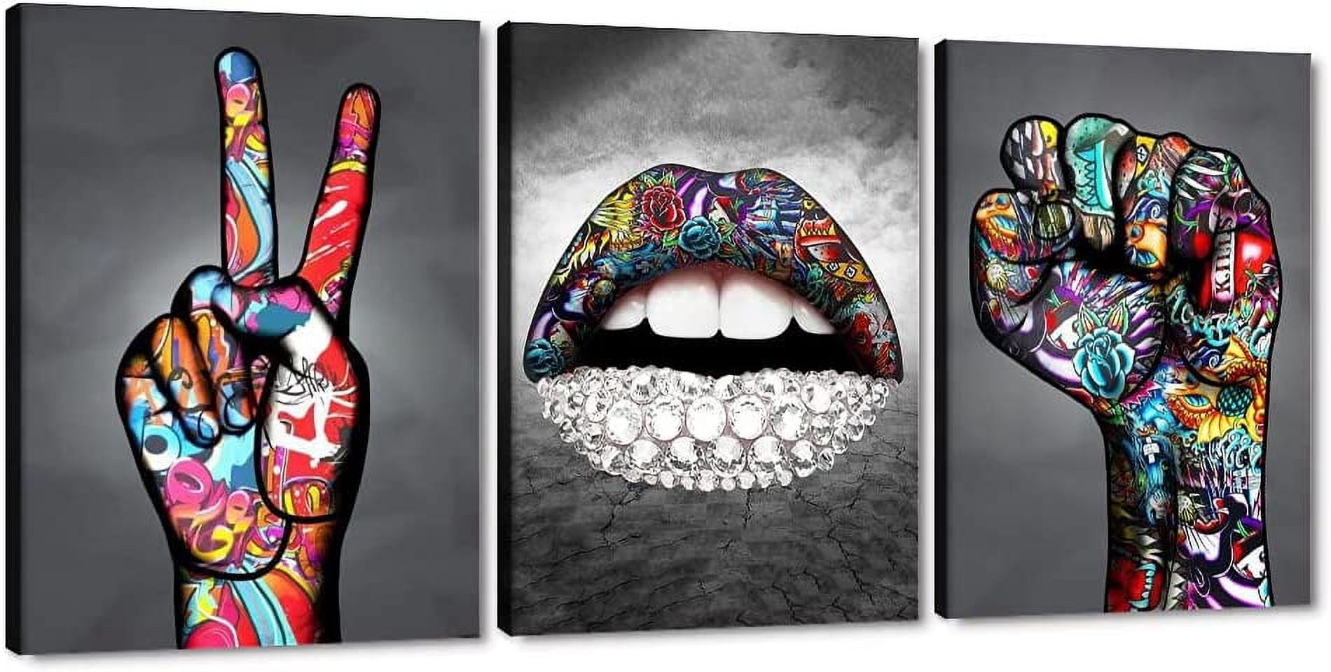AEFER Canvas Wall Art Graffiti Pictures 3 Piece Hand and Lips Posters ...