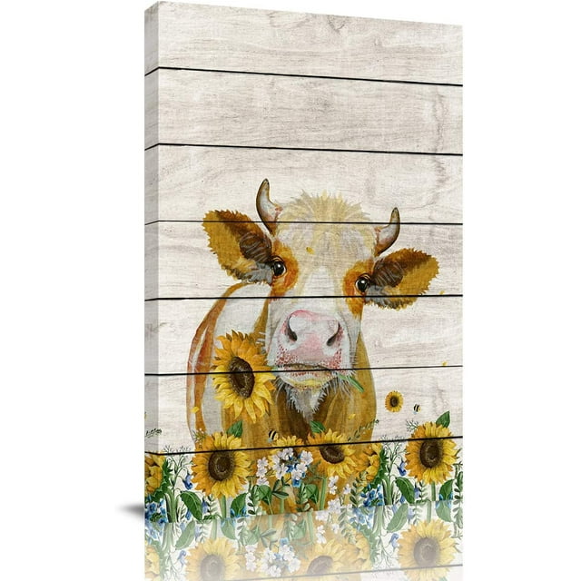 AEFER Canvas Wall Art Picture Cattle Cow Hold Sunflowers Print On ...