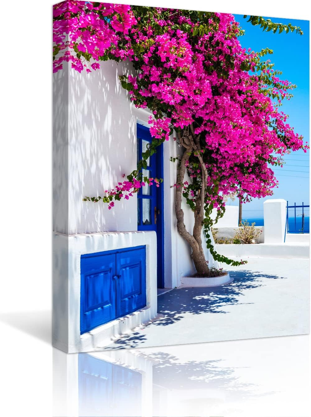AEFER Canvas Wall Art, White Fence with Blue Door is Surrounded by Pink ...