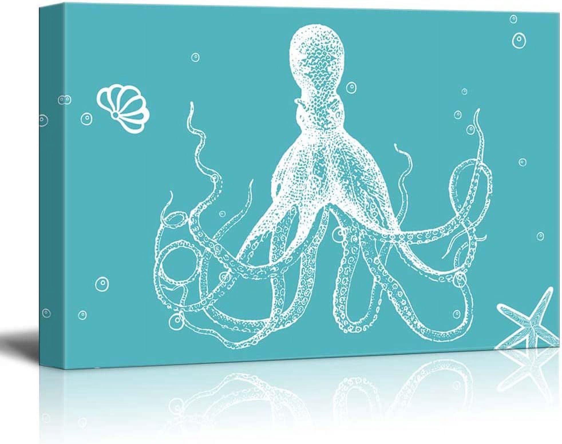 AEFER Canvas Wll Art - Octopus on Teal Ocean Themed Background Modern ...
