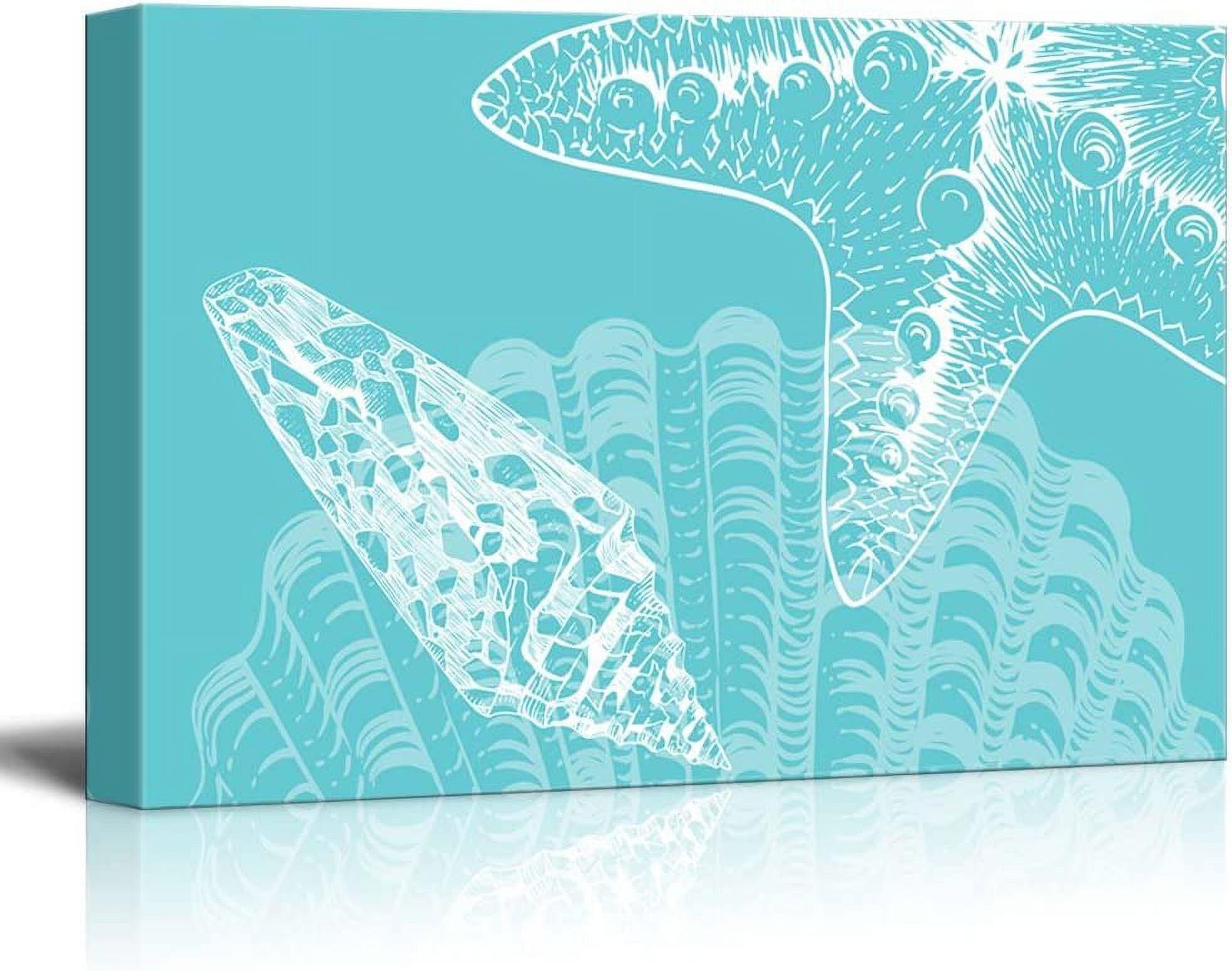 AEFER Canvas Wll Art - Seashell and Starfish on Teal Ocean Theme ...