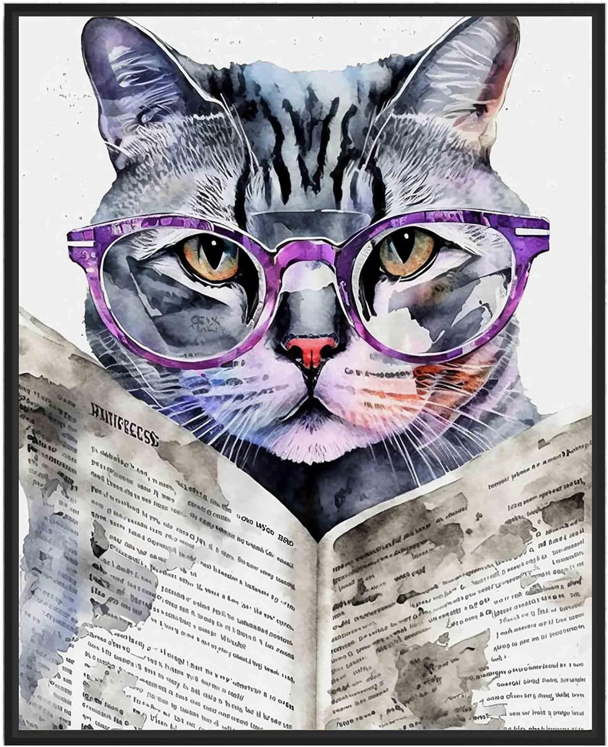 AEFER Cat Reading Newspaper Art Print Poster, Abstract Watercolor Animal Wall Art Prints ...