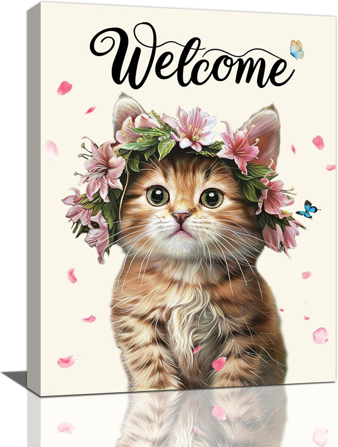 AEFER Cat Wall Art Welcome Cat Pictures Wall Decor Flower Canvas ...