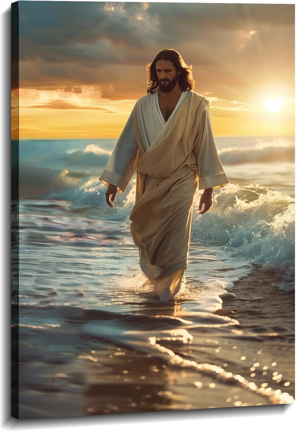 AEFER Christian Canvas Wall Art Jesus Wall Decor Christ Walk on Beach ...