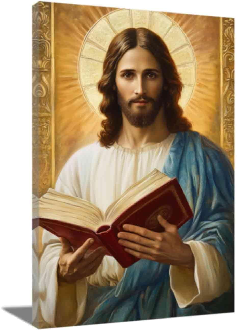 AEFER Christian Jesus Canvas Wall Art Holy God Holding Bible Book ...