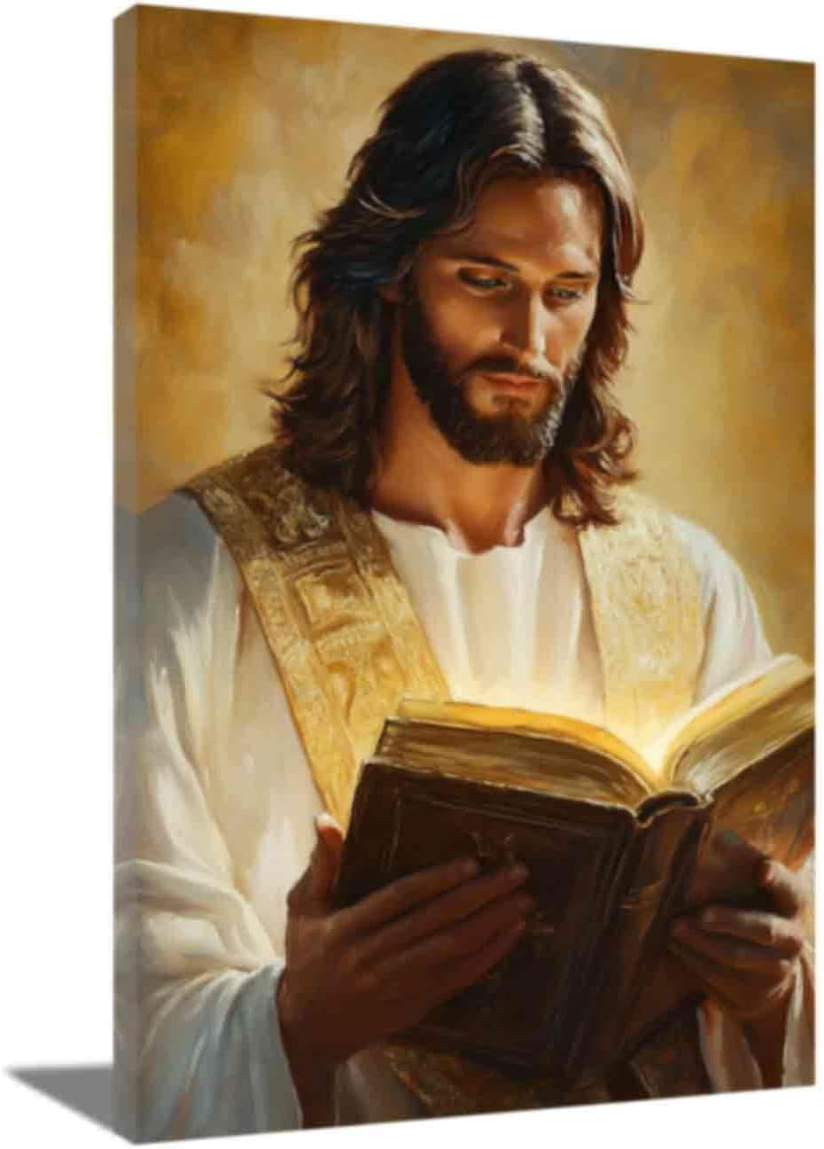 AEFER Christian Jesus Canvas Wall Art Holy God Holding Bible Book ...