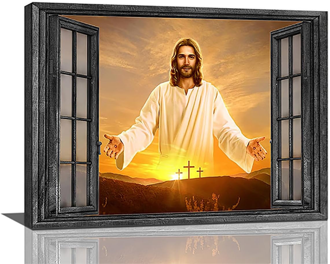 AEFER Christian Jesus Wall Art 3D Window Jesus Cross Pictures Wall ...