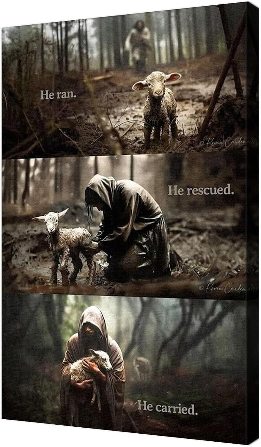 AEFER Christian Wall Art-Jesus Running After a Lost Lamb Trilogy Poster ...