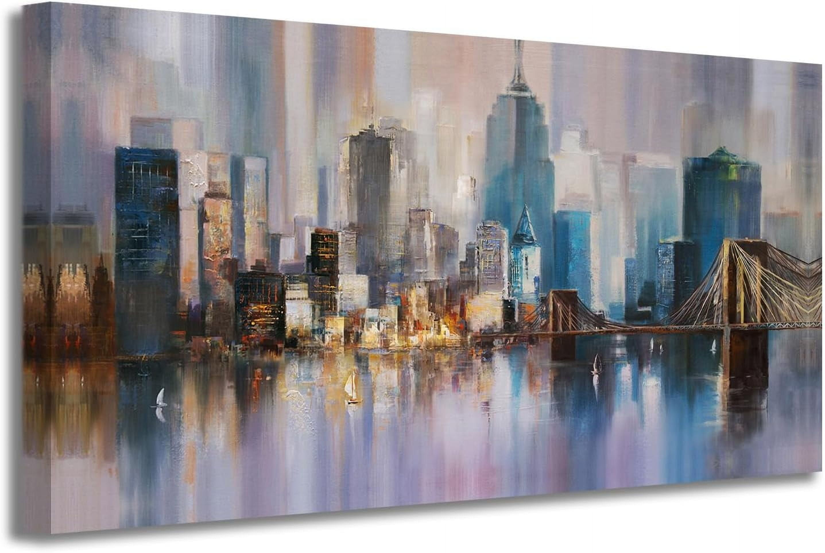 AEFER Cityscape Canvas Wall Art Abstract Skyline New York City Painting ...